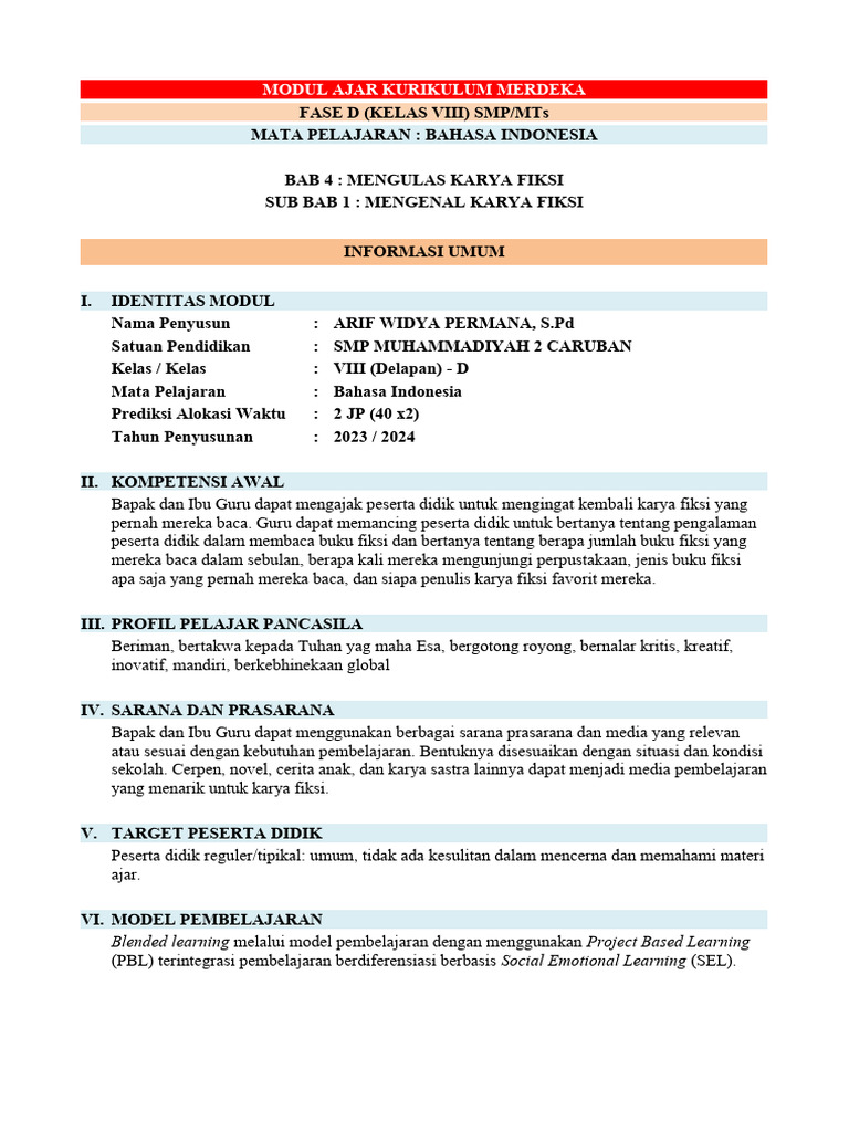 Modul Ajar Kelas 8 - Karya Fiksi | PDF | Karier & Perkembangan