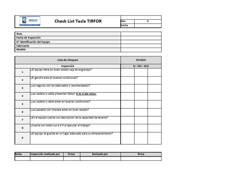 Lista de Inspección para TIRFOR | PDF | Tecnología