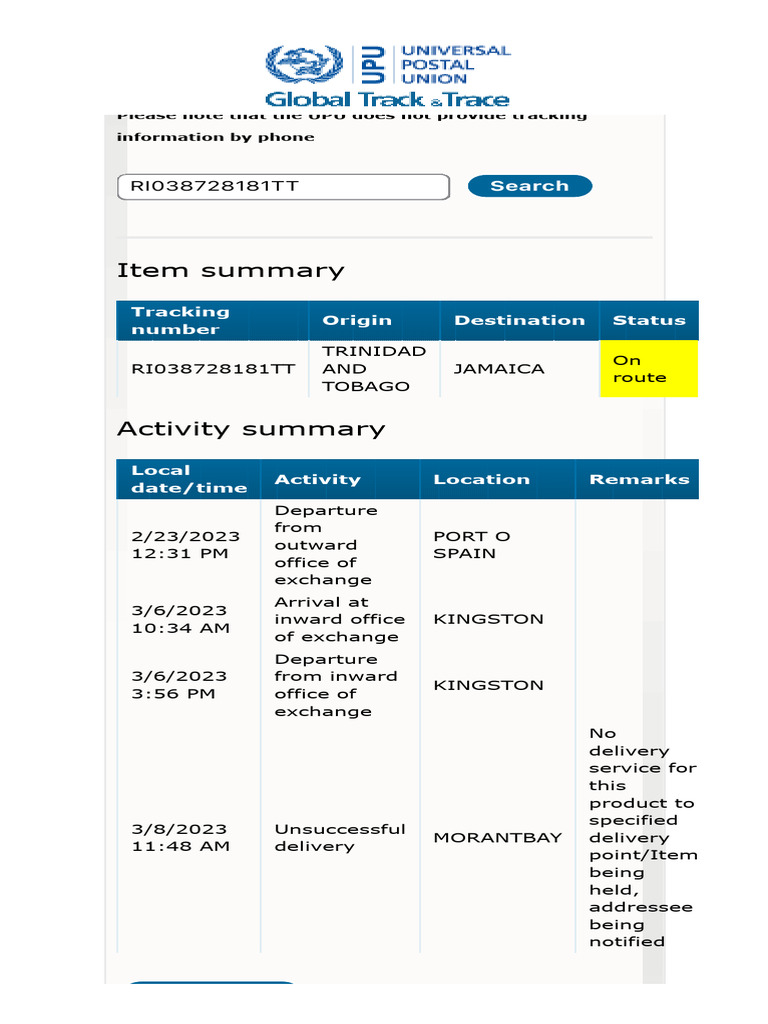 UPU Global Tracking Summary for RI038728181TT | PDF