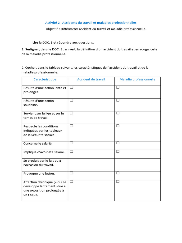 Activité 2 Accidents Du Travail Et Maladies Professionnelles | PDF