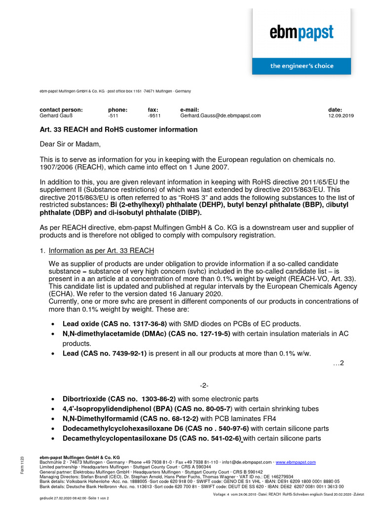 Ebm EpM REACH RoHS Schreiben Englisch Stand 20022020 | PDF | Capacitor | Electrical Engineering