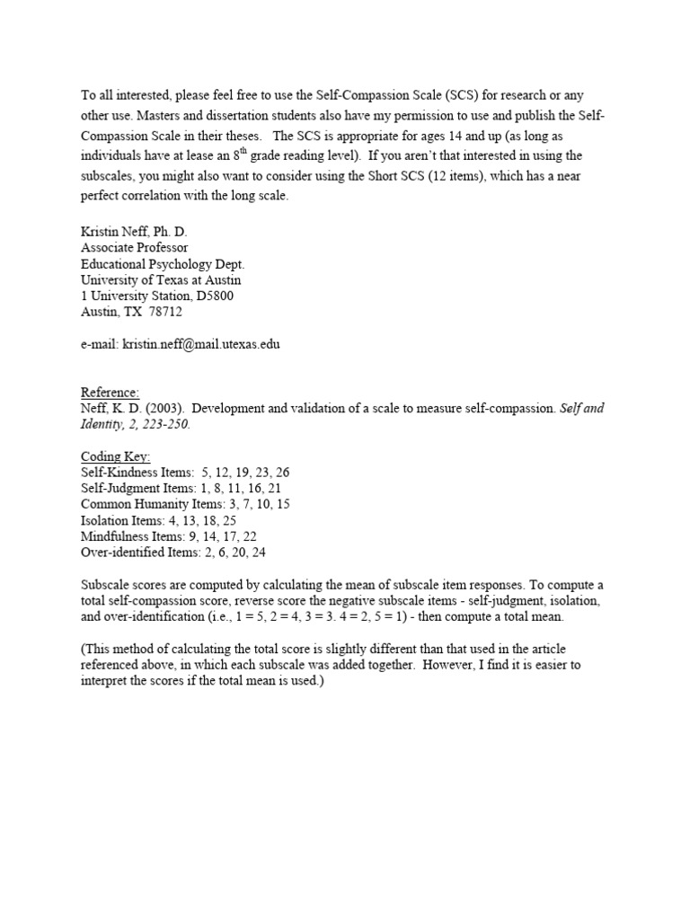 Self Compassion Scale For Researchers | PDF