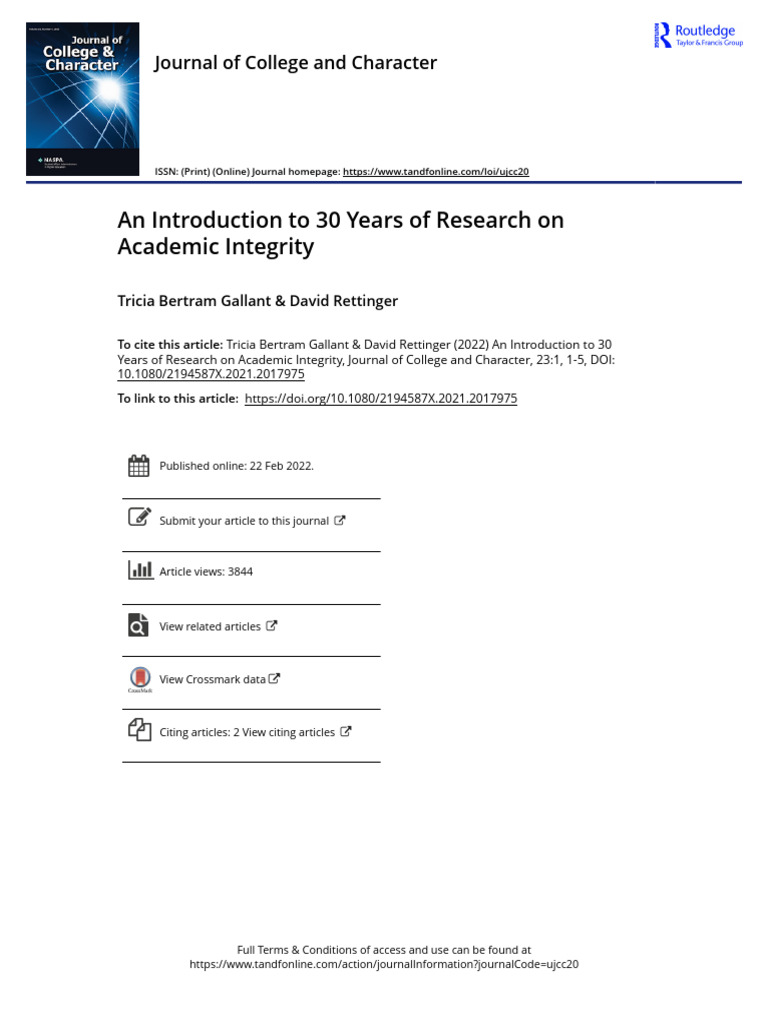 An Introduction To 30 Years of Research On Academic Integrity | PDF