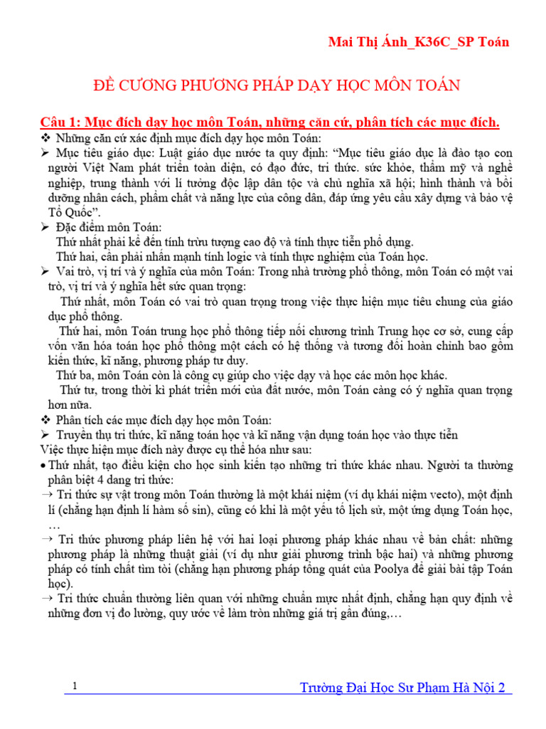 De Cuong Phuong Phap Day Hoc Mon Toan | PDF
