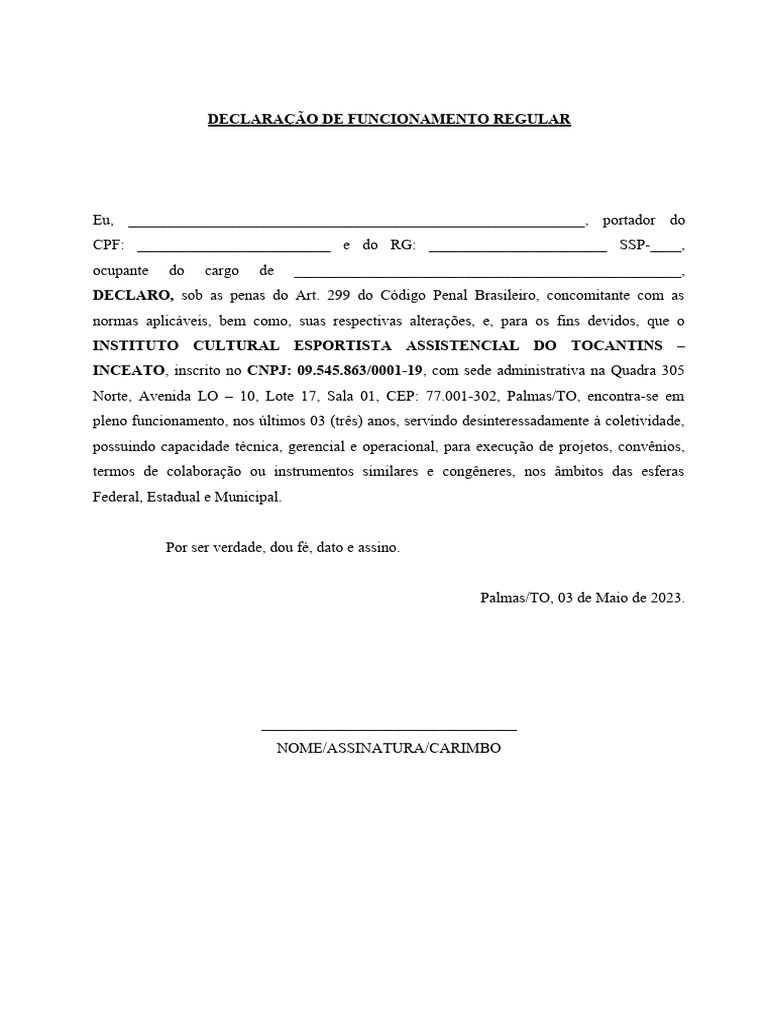 Modelo de Declaração de Funcionamento Regular | PDF Modelo de Declaração de Funcionamento Regular | PDF