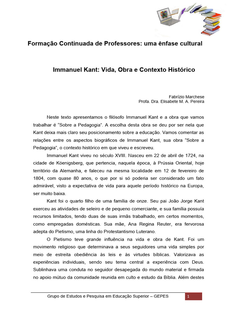 Immanuel Kant - Vida, Obra e Contexto Histórico | PDF | Ciências Sociais | Filosofia