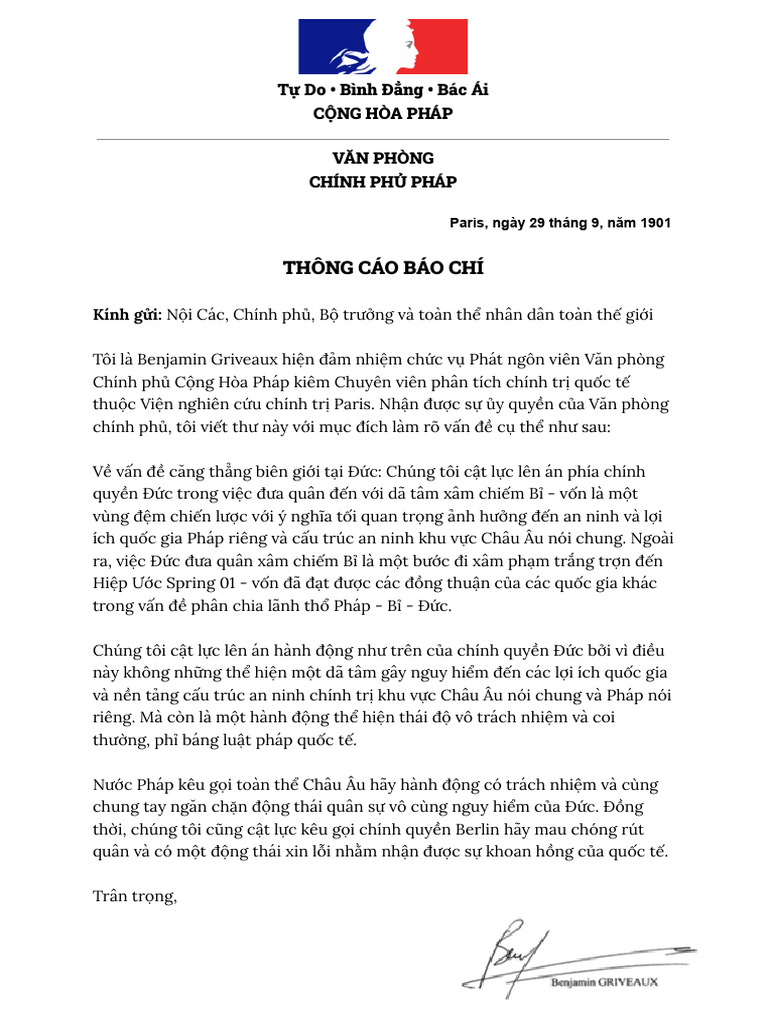 Thông Cáo Báo Chí - Văn Phòng Chính PH C NG Hòa Pháp | PDF