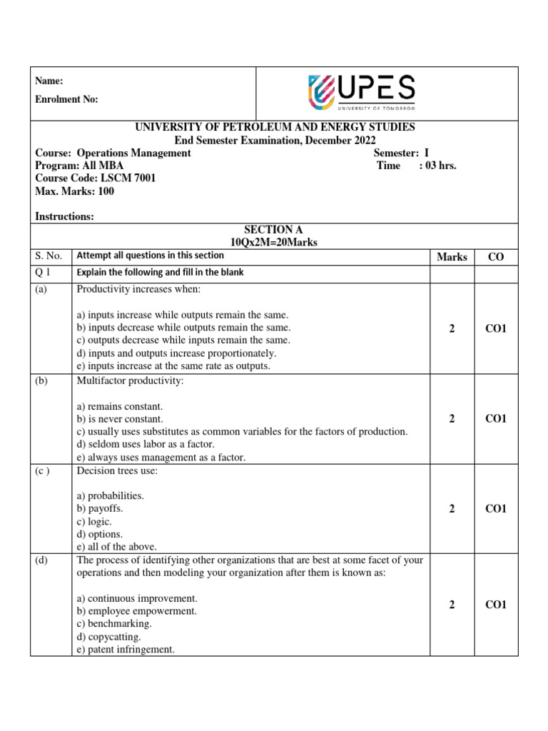 ESE - Dec22 - MBA - ALL - Operations Management | PDF | Teaching ...