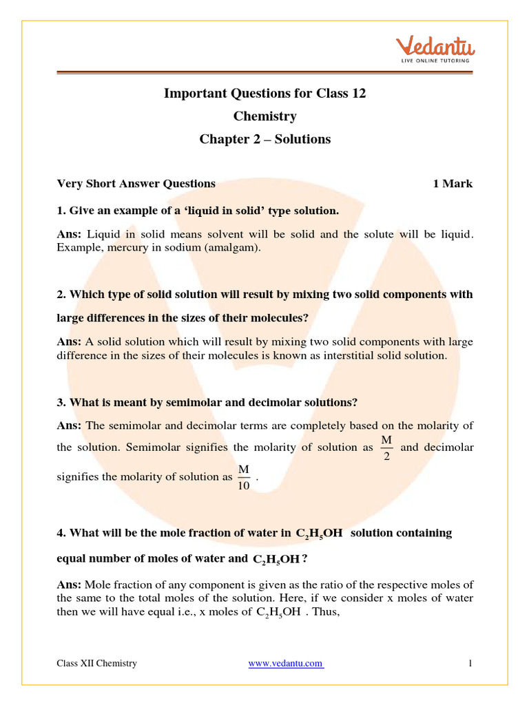 CBSE Class 12 Chemistry Chapter 2 - Solutions Important Questions 2023-24 | PDF | Solubility ...