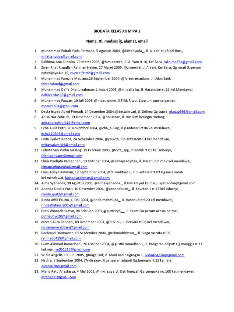 Biodata Kelas Xii Mipa 2 | PDF