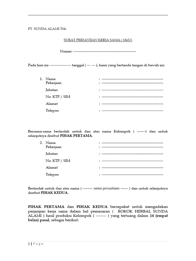 Pt. Sunda Alami TBK Surat Perjanjian Kerja Sama (Mou) : Pihak Pertama | PDF | Hukum