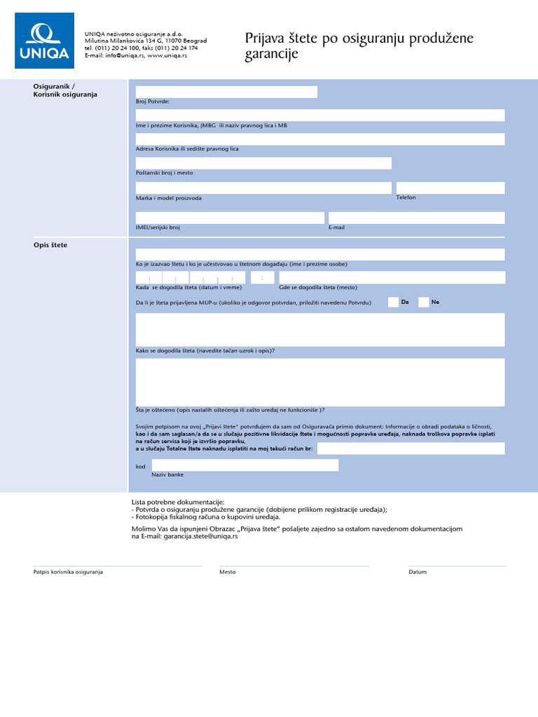 Prijava Stete - Produzena Garancija Etitabilna Polja Maj 2021 | PDF