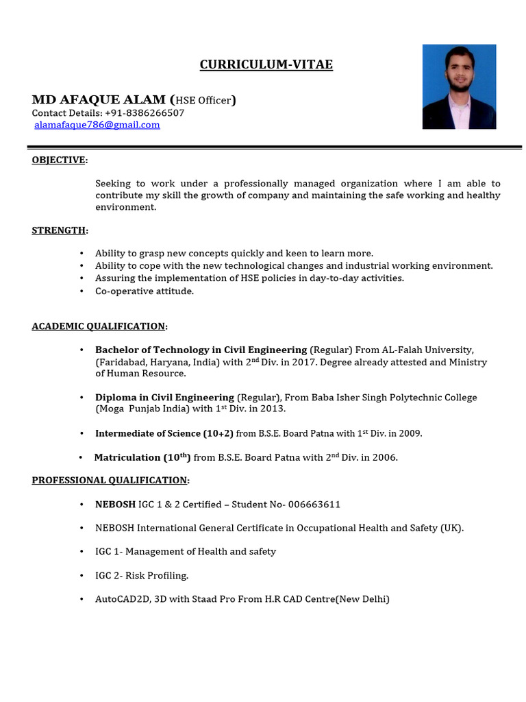Afaque Alam HSE Officer CV& Cert. 20220930 | PDF | Safety
