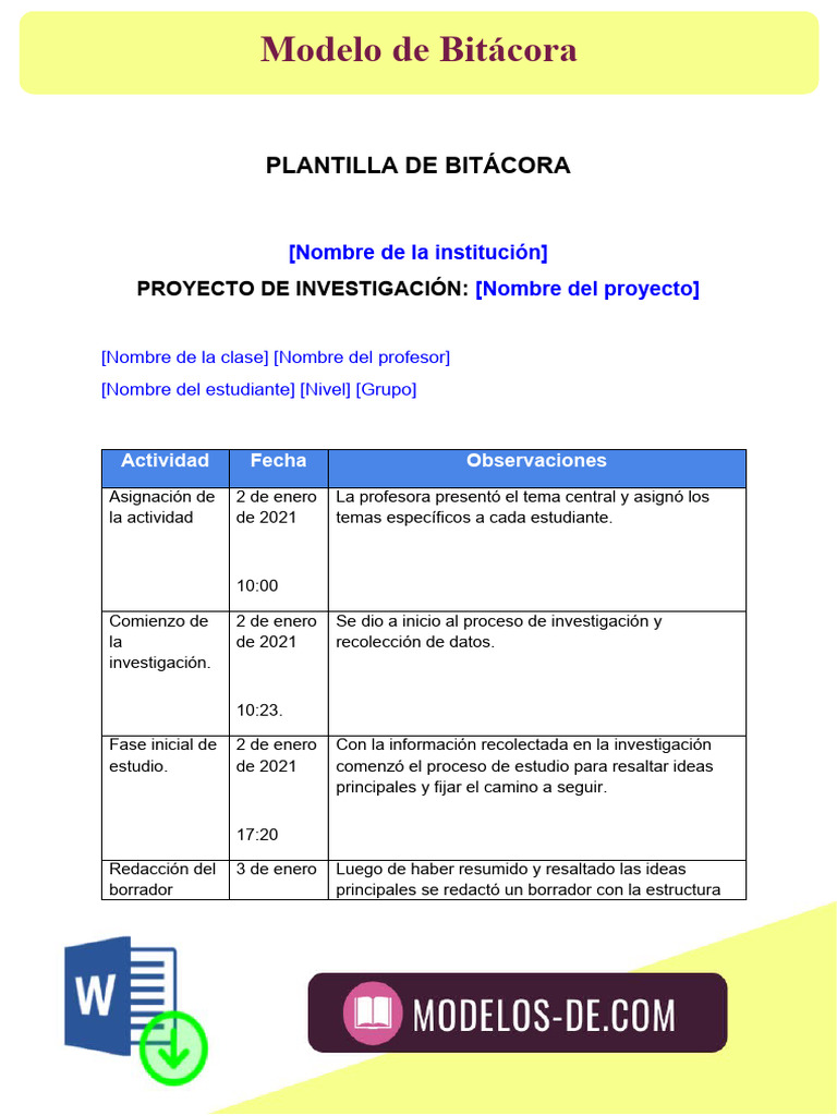 Plantilla de Bitácora Escolar | PDF