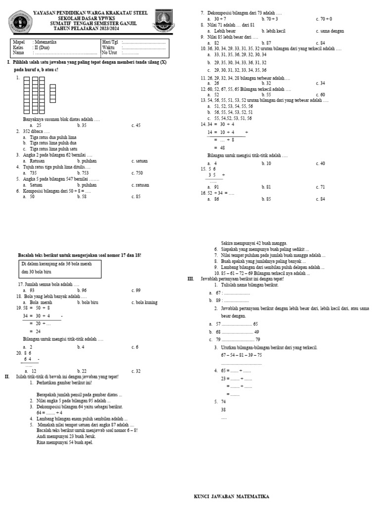 Soal PTS MTK Kelas 2 SMSTR 1 | PDF