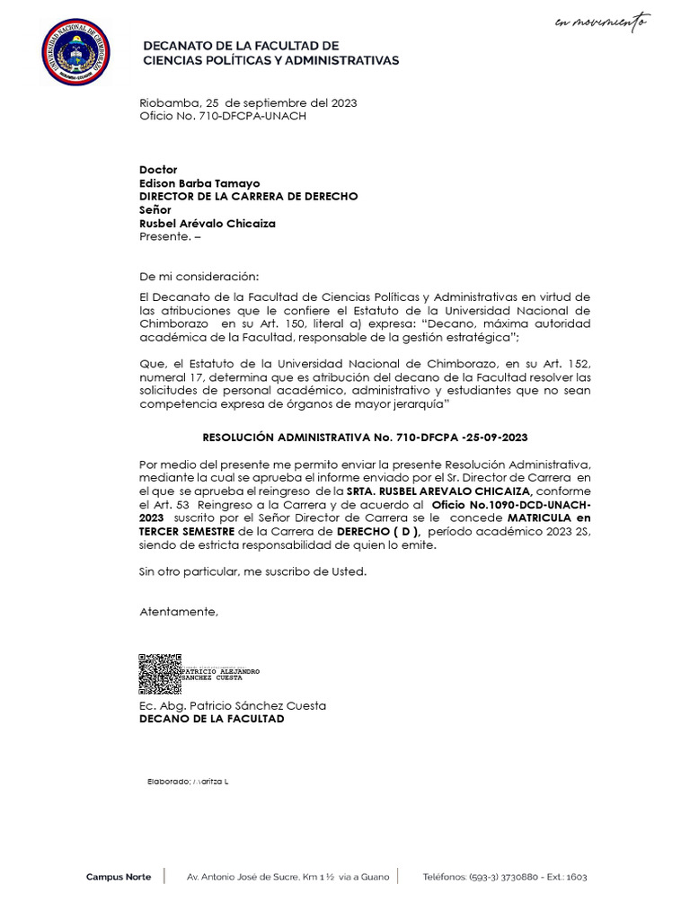 RESOLUCION No. SR. RUSBELL AREVALO Oficio No. 710-DFCPA-UNACH-signed | PDF