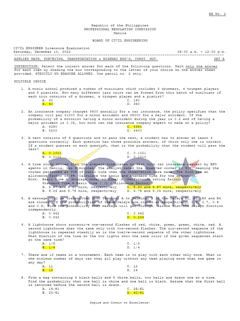 CE EVALUATION EXAM No. 2 - Int Calc, DE, Statistics, Physics, Econ ...