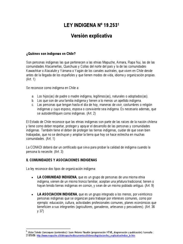 Ley Indígena Nº 19.253: Resumen y Claves | PDF | Propiedad | Comisión ...