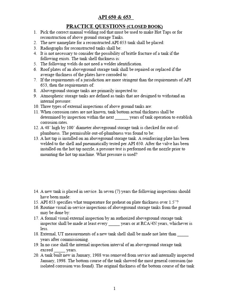 Dokumen - Tips - api-650-653-questions-closed-book-with-NO Answers | PDF | Welding | Construction