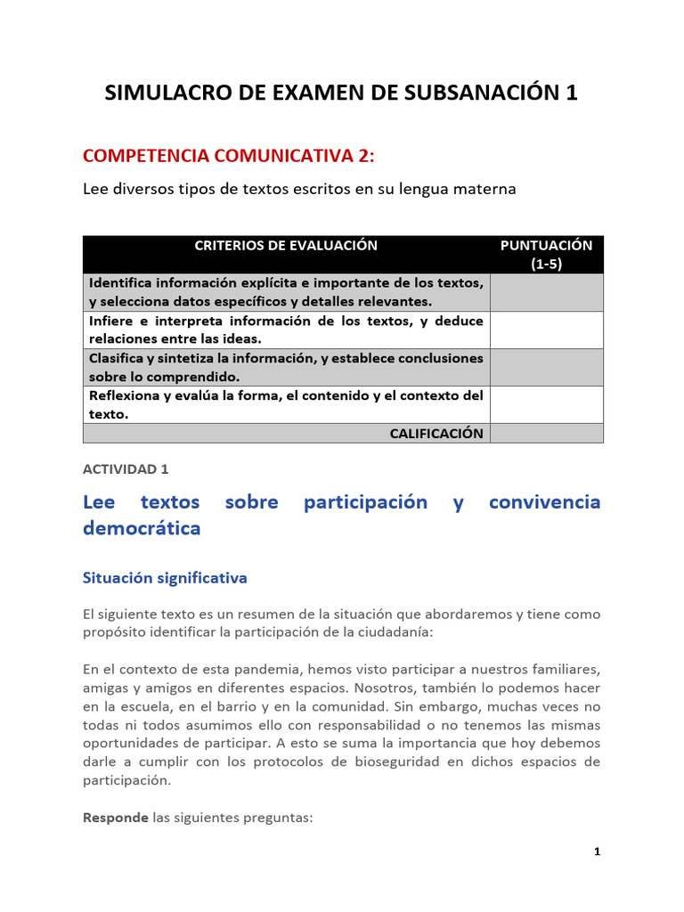 COMUNICACIÓN 3ro - SIMULACRO 1 Examen de subsanación 2021 | PDF | Participación pública | Hablar ...
