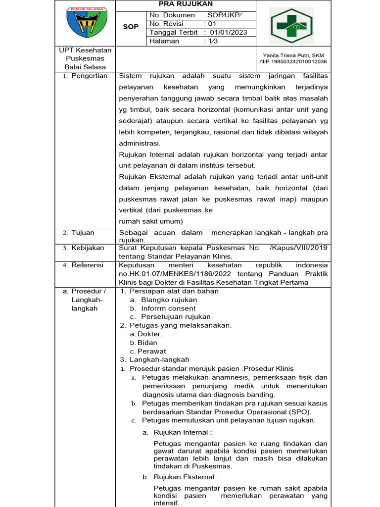 SOP Pra Rujukan | PDF