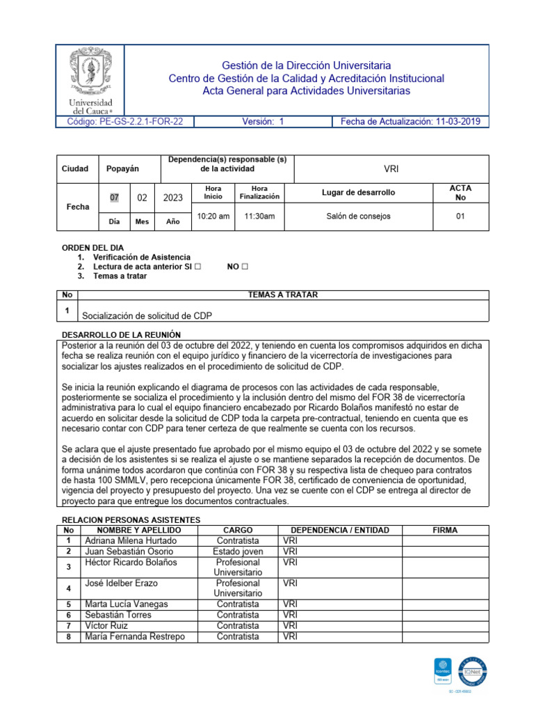 Acta 01 Revisión procedimiento solicitud de CDP | PDF | Gobierno