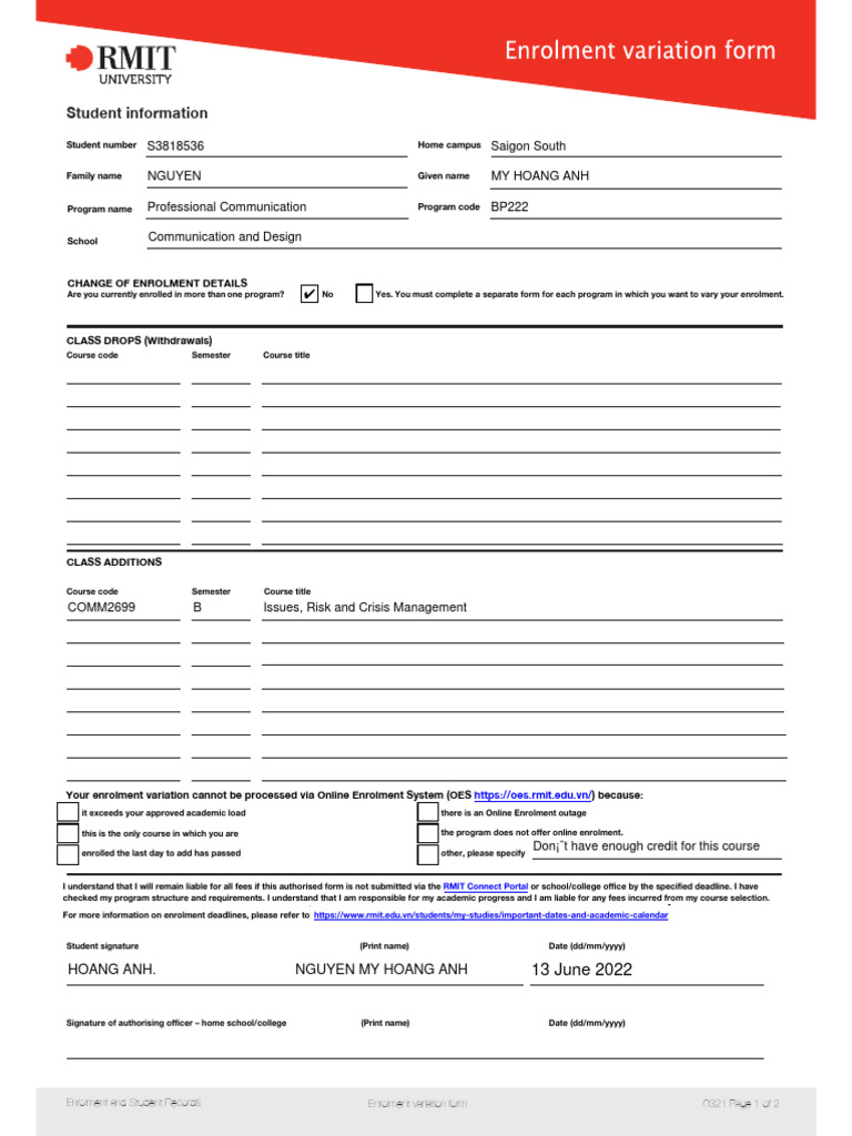 Enrolment Variation Form | PDF