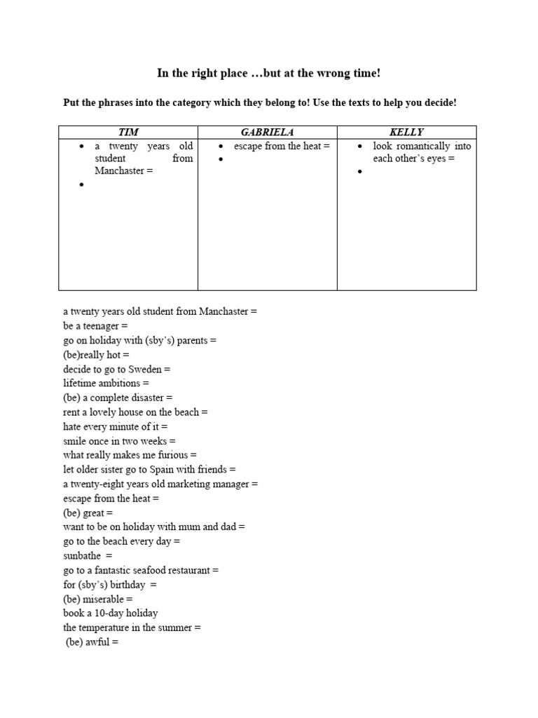 In The Right Place - But at The Wrong Time - Vocabulary Exercises | PDF