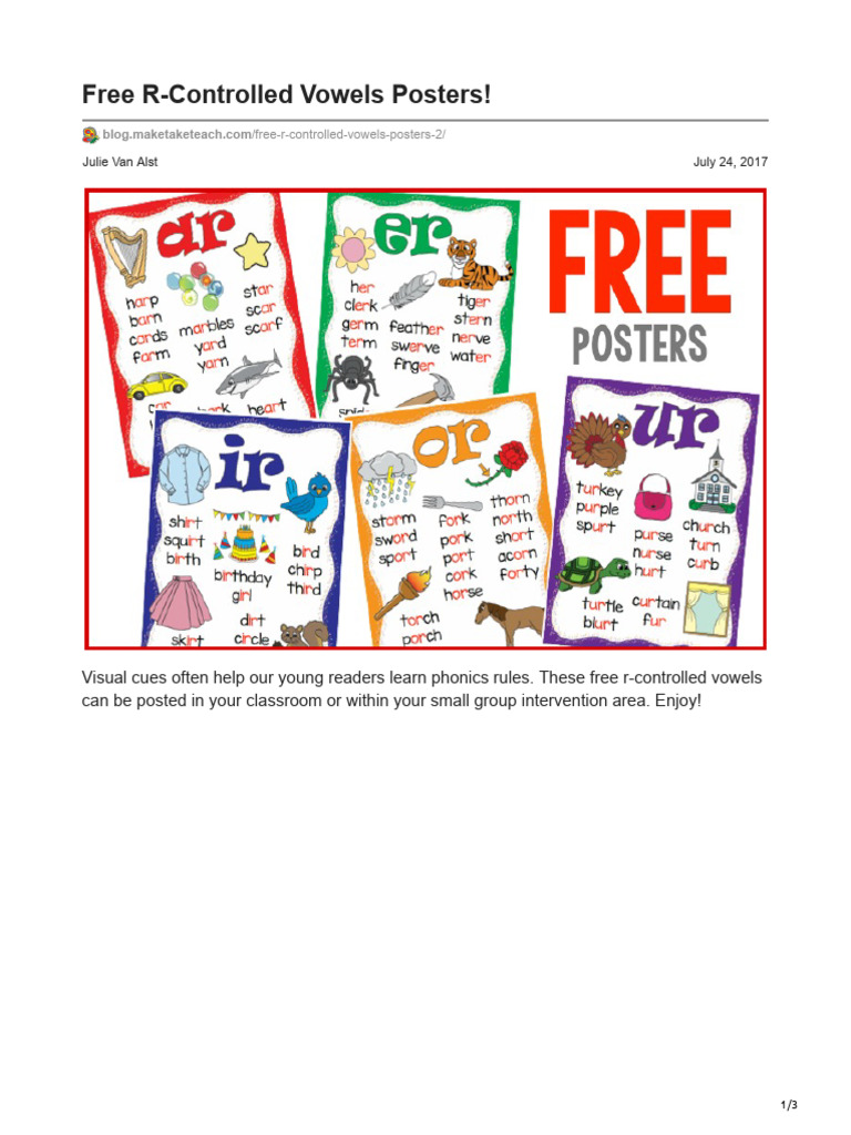 Free R-Controlled Vowels Posters | PDF