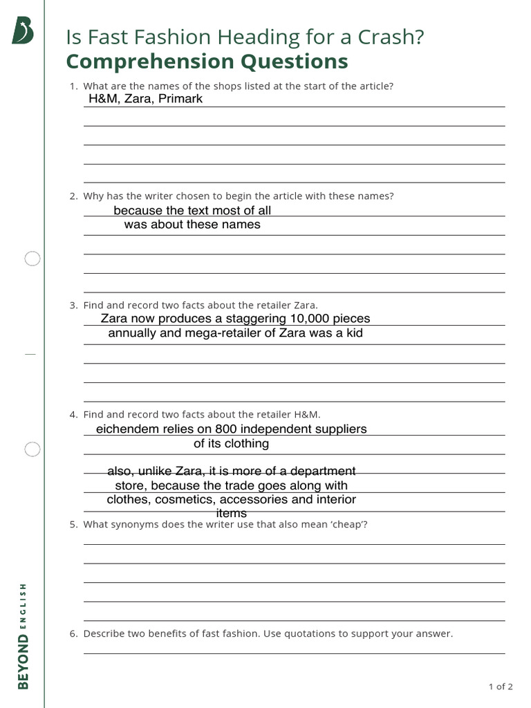 Comprehension Questions and Answers - MA | PDF