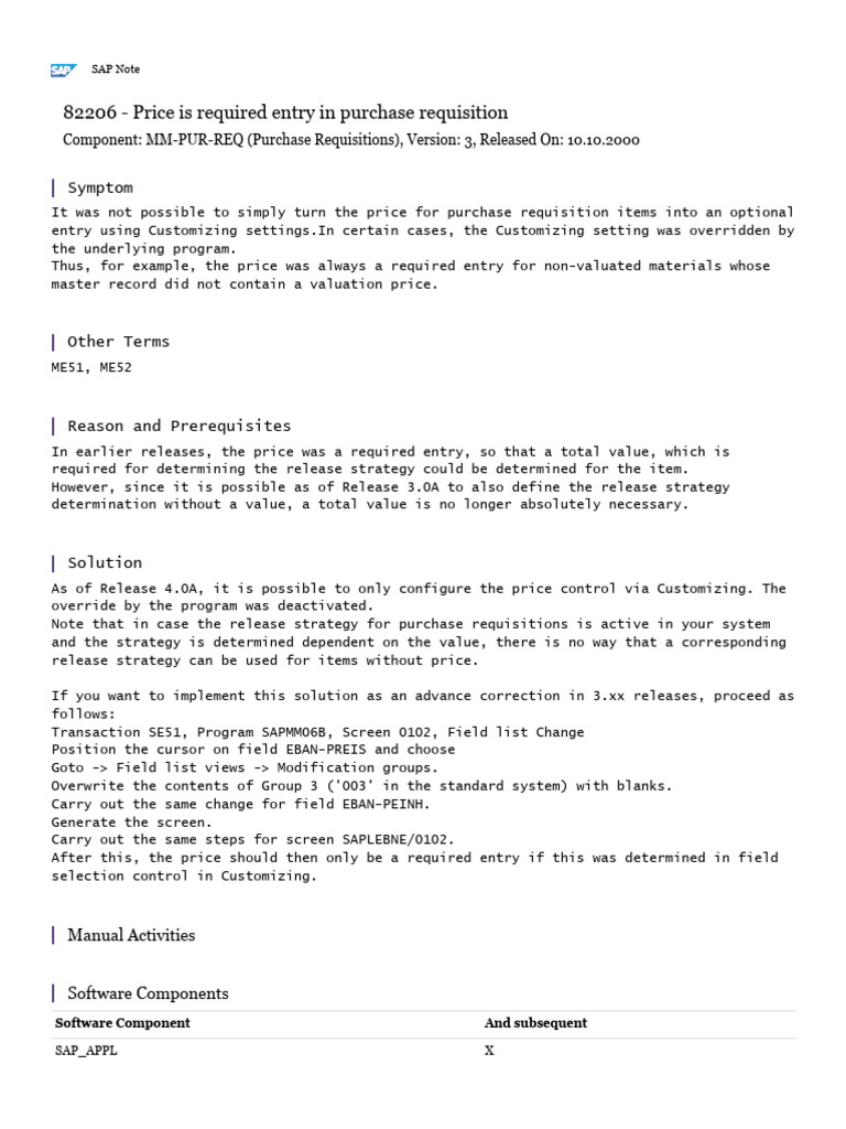 Price Is Required Entry in Purchase Requisition: Symptom | PDF ...