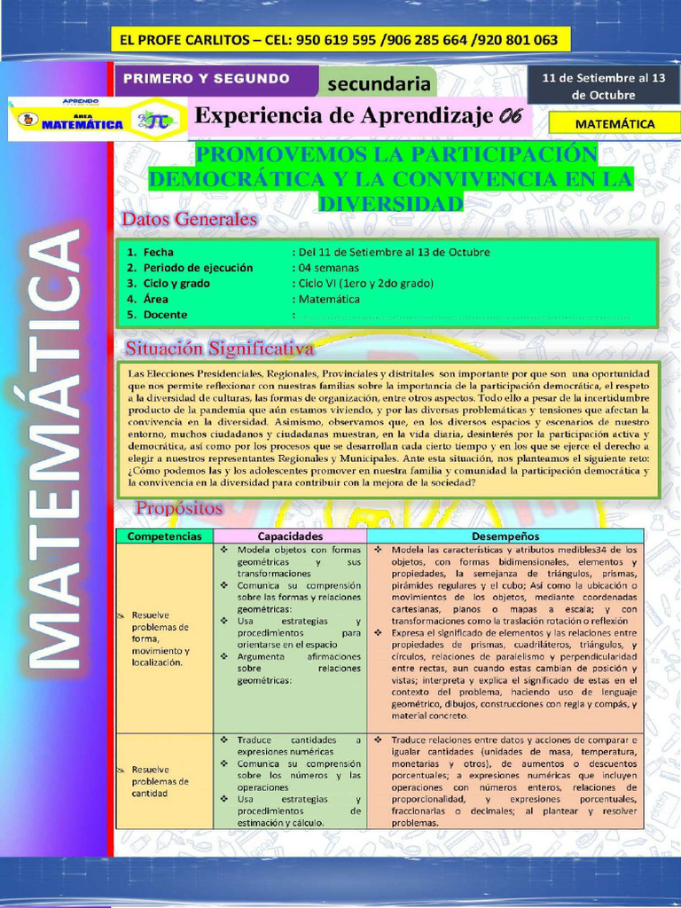 Experiencia de Aprendizaje 06 - Ciclo Vi - 1ero y 2do Grado - Matematica - 00001 | PDF