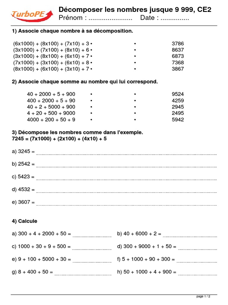 Décomposition des nombres CE2 jusqu'à 9999 | PDF