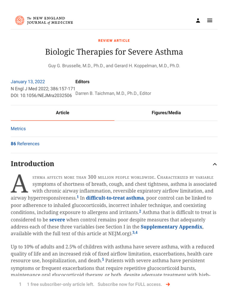 Biologic Therapies For Severe Asthma - NEJM | PDF