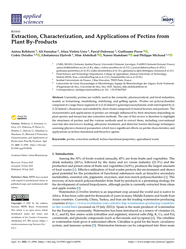 Extraction Characterization And Applications Of Pectins From Plant By