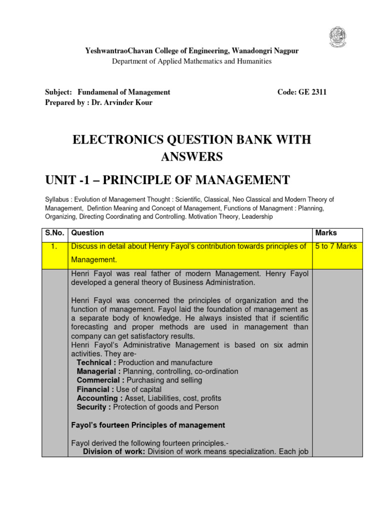Q&A Unit 1 Principles of Management | PDF