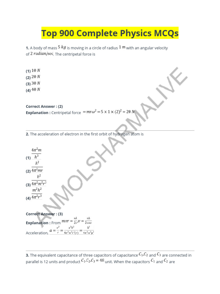 Top 900 Physics MCQs with Answers | PDF | Logic Gate | Force