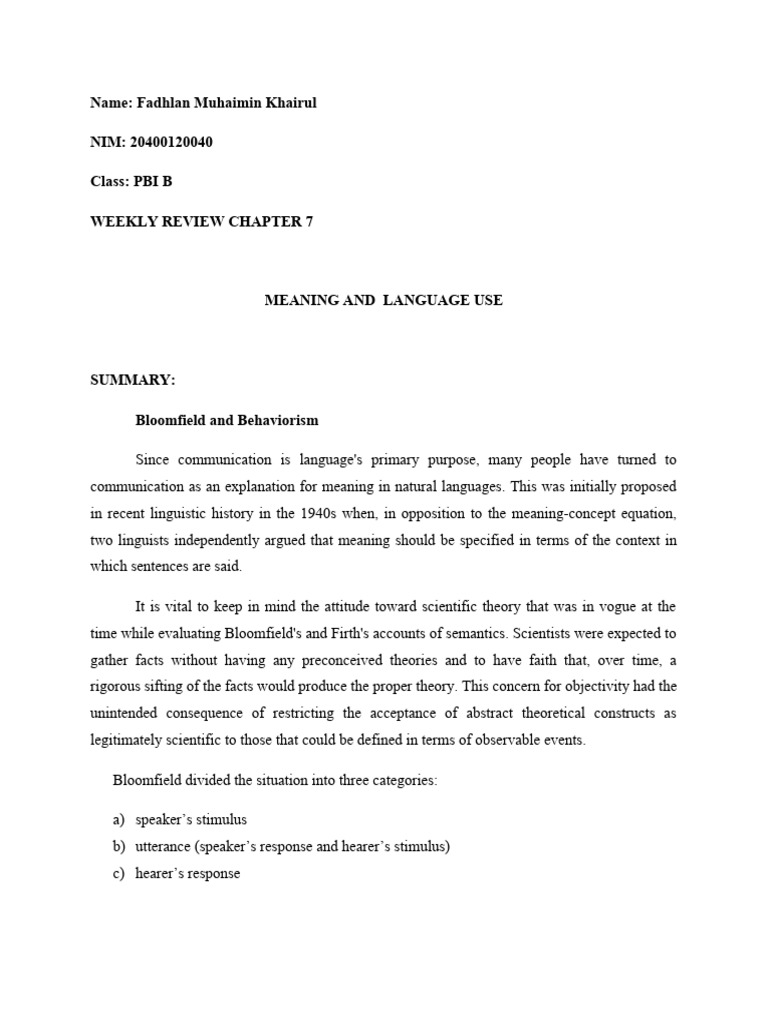 Language Meaning: Bloomfield & Speech Acts | PDF | Philosophy