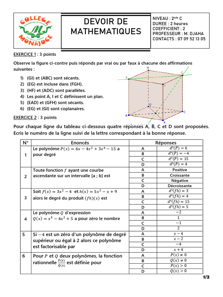 DEVOIR DE MATHS PLANS ET FONCTIONS POLYNOMES 2C by DJAHA | PDF