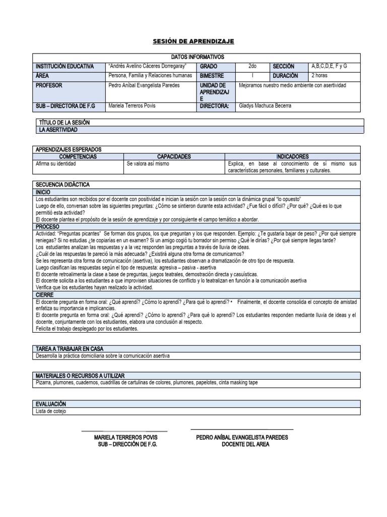 Sesion de Aprendizaje - La Asertividad | PDF