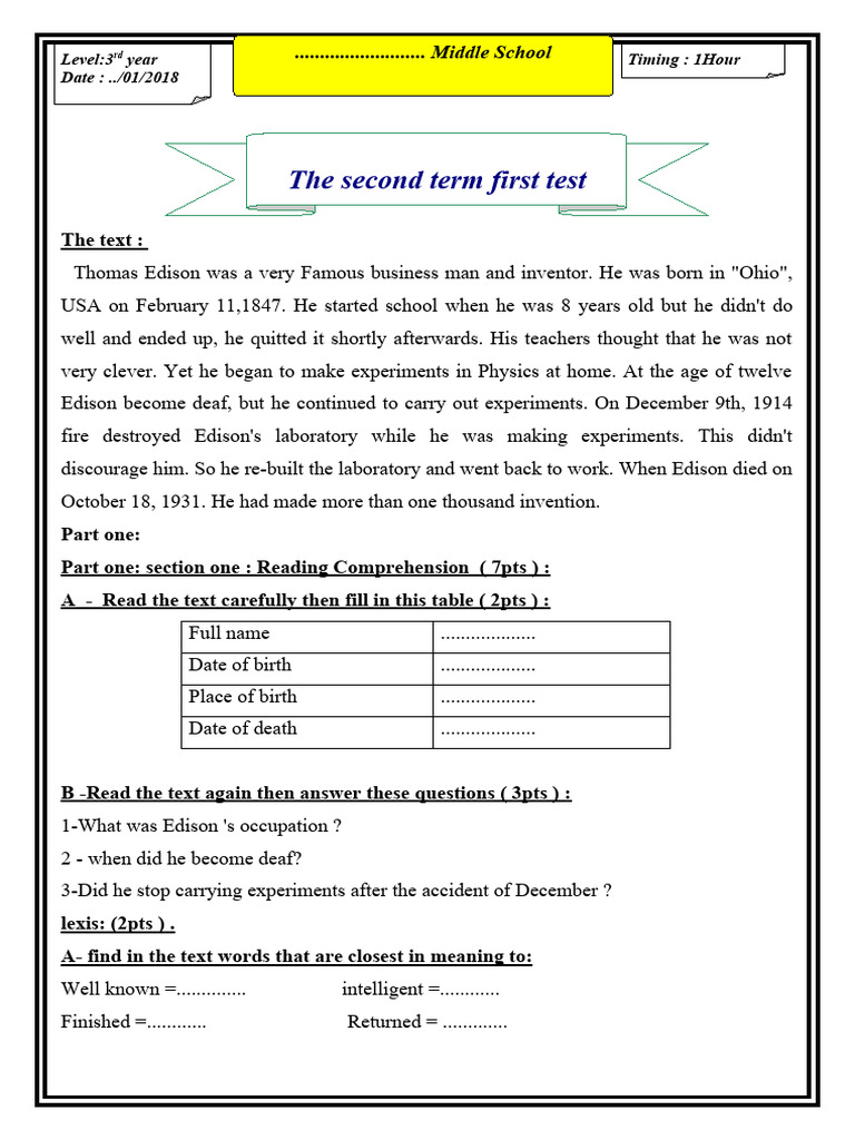 3Ms - Second Term Test One - Thomas Edison 201888 | PDF | Thomas Edison ...