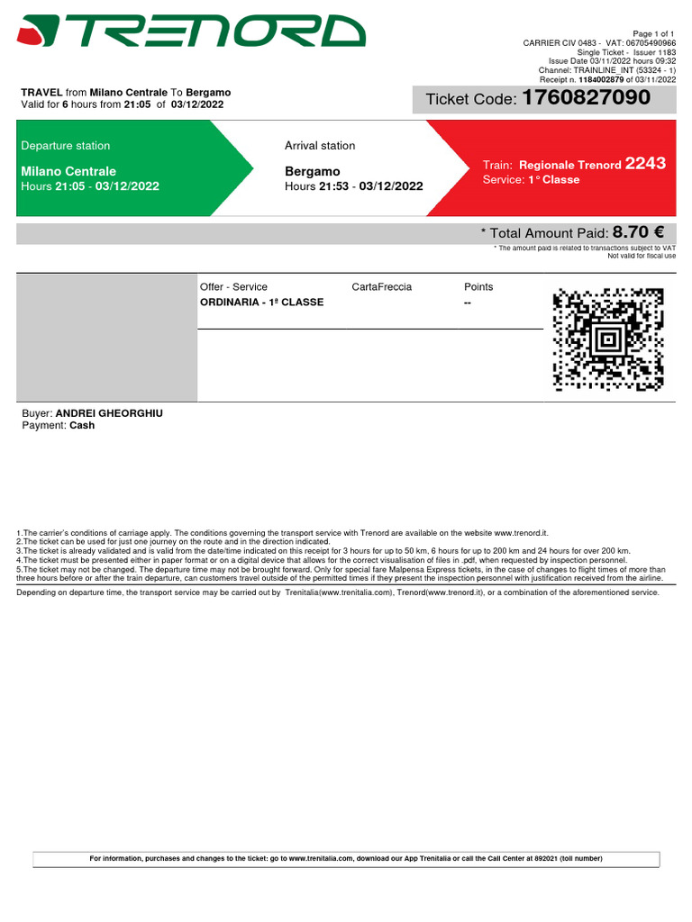 Bergamo 03 Dec 2022 Ticket1 | PDF | Airlines | Receipt
