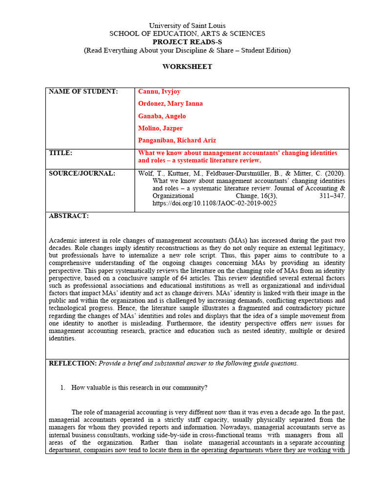 CFED Project Read Worksheet 3 | PDF