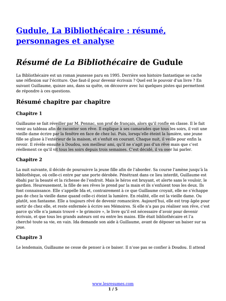 Gudule La Bibliothecaire Resume Personnages Et Analyse | PDF