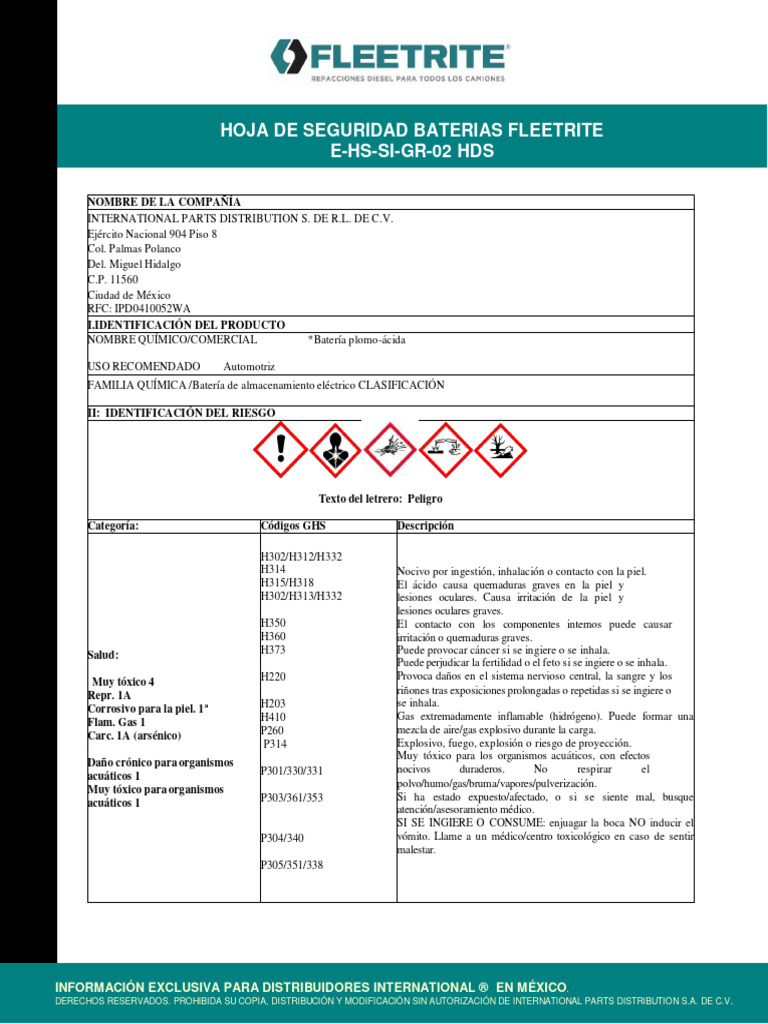 Hoja de Seguridad Msds Baterias Energy 18.05.2022 (Esp) | PDF | Hidrógeno | Dióxido de azufre