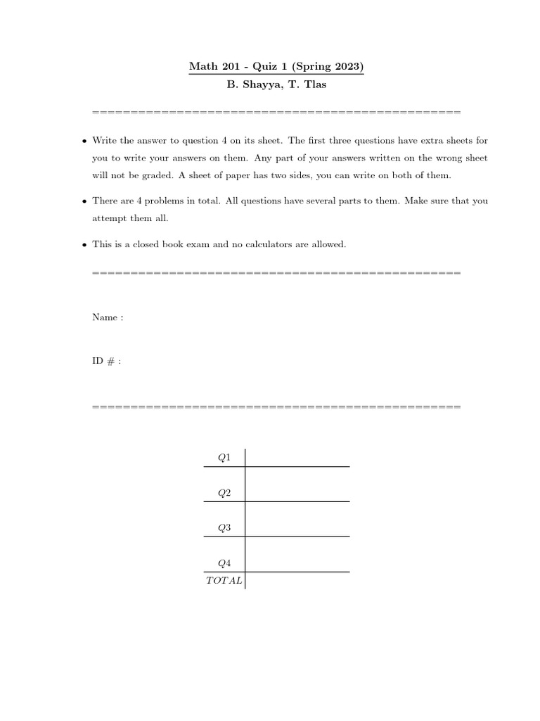 Math 201 Spring 2023 Quiz 1 Details | PDF