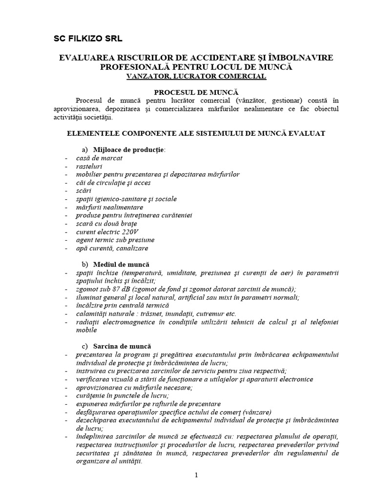 Fisa de Evaluare A Riscurilor - Lucrator Comercial | PDF