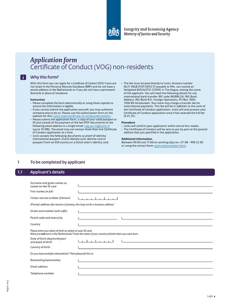 Application Form Certificate of Conduct (VOG) Non-Residents | PDF