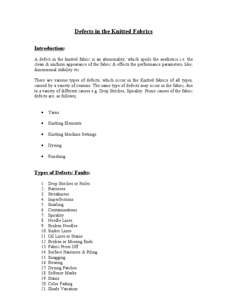 Defects in the Knitted Fabrics (Project) | Knitting | Yarn