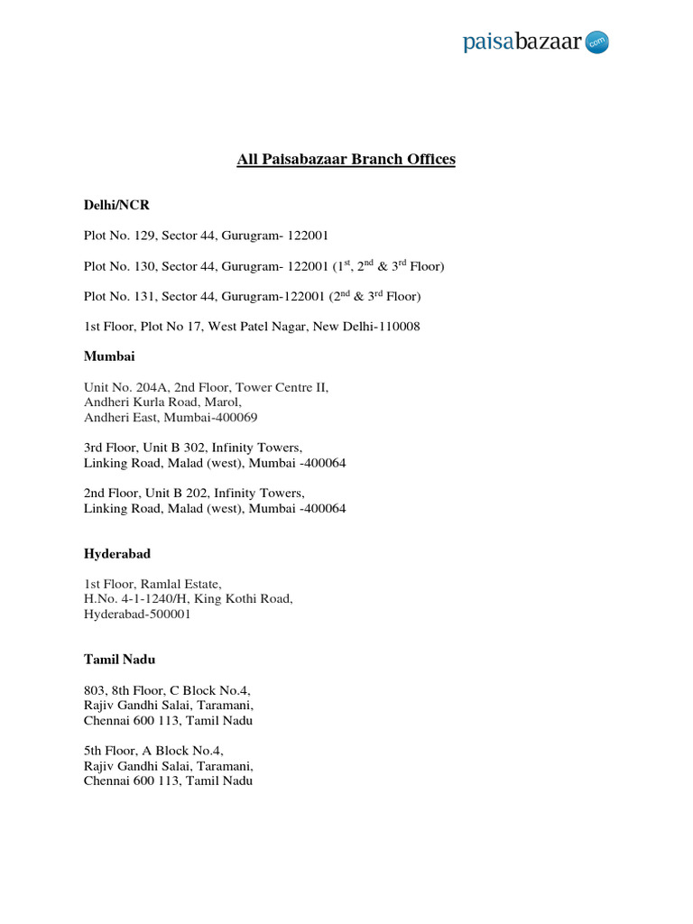 Paisabazaar Branch Offices | PDF